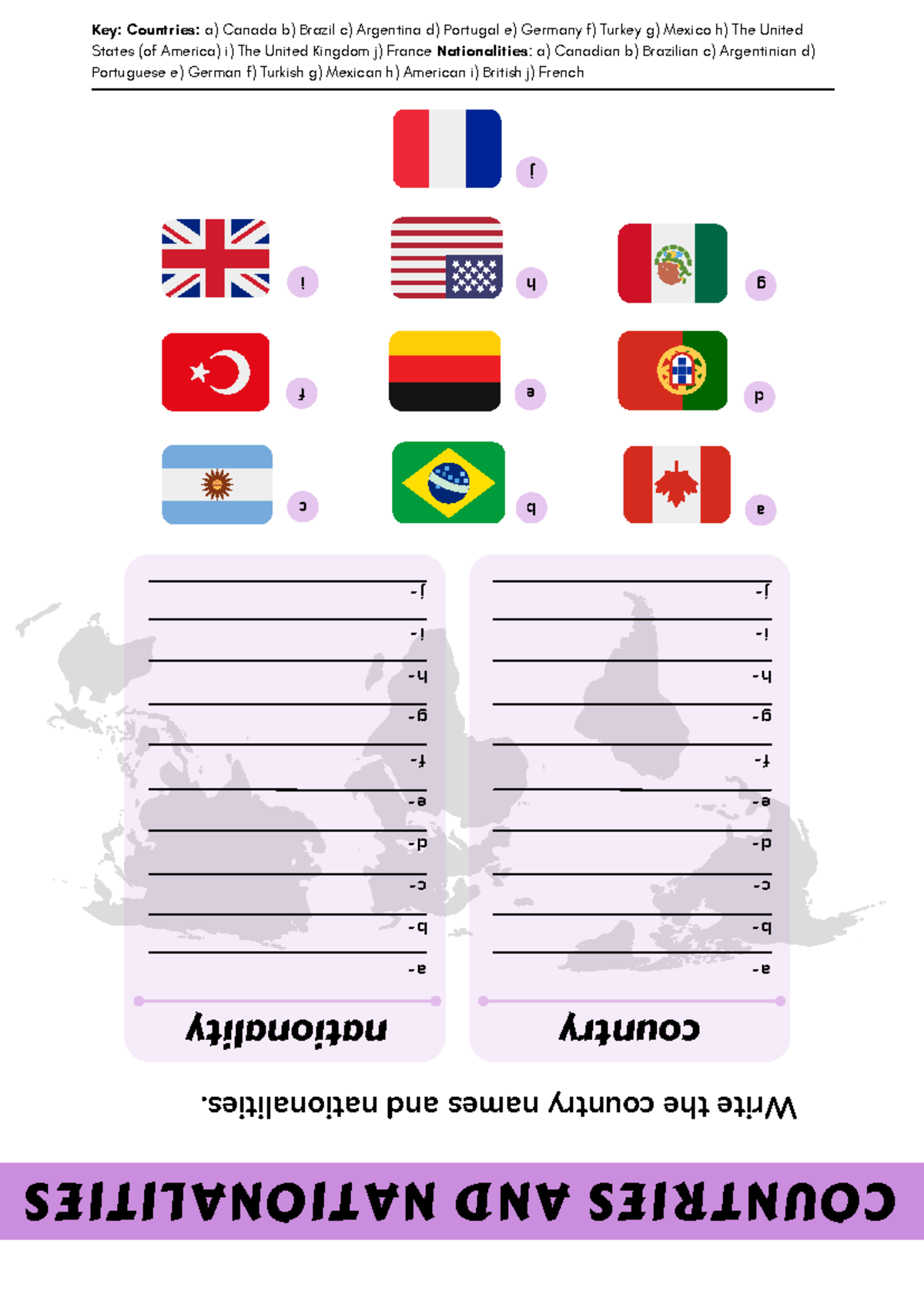 Actividad vocabulario - COUNTRIES AND NATIONALITIES country Write the ...