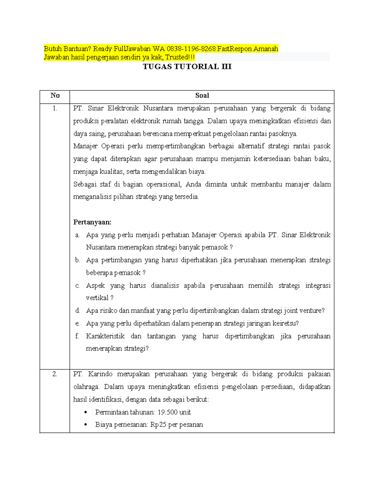 Tugas Tutorial 3: Strategi Pemasok PT. Sinar Elektronik Nusantara - Studocu