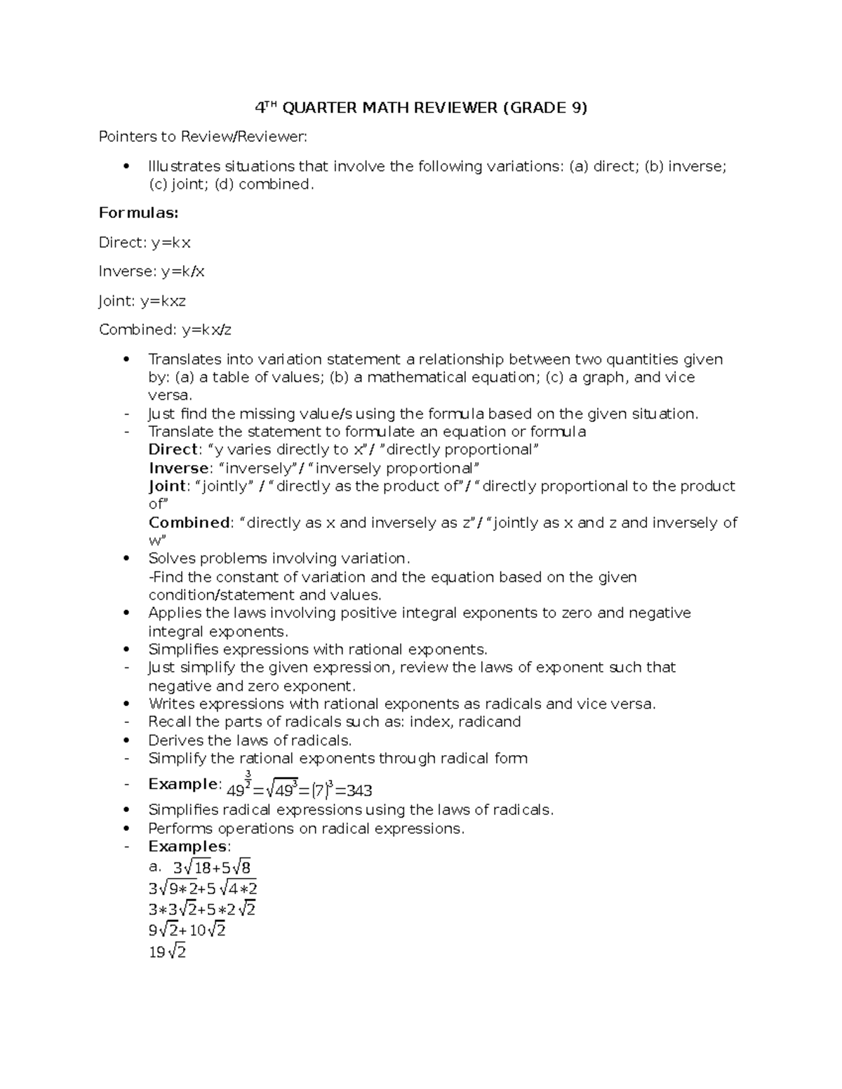 G9 4TH Quarter MATH Reviewer: Variations & Exponents - Studocu