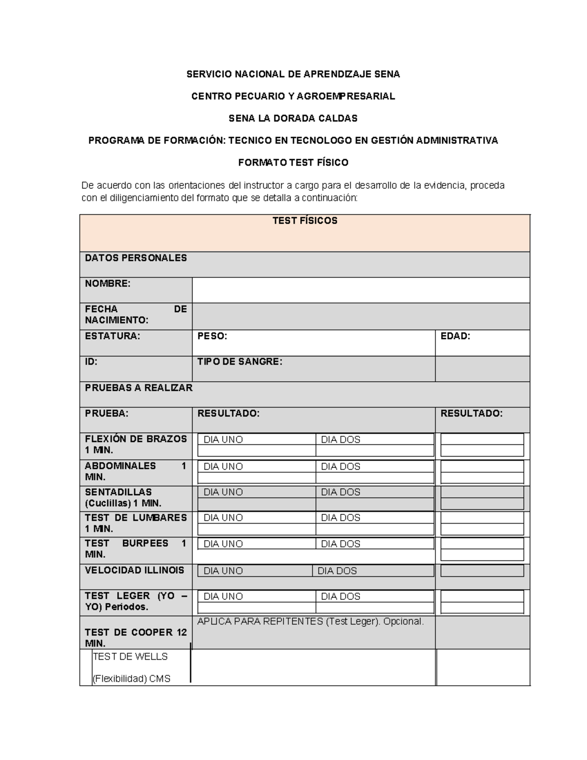 Formato Test Físico y Fichas Antropométricas - SENA TECNICO GESTIÓN ...