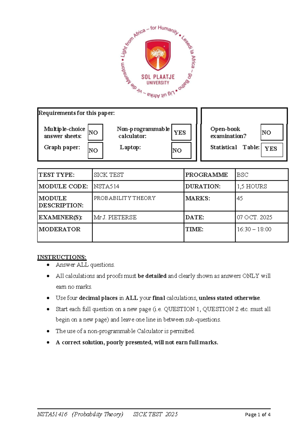 SICK TEST NSTA514 - Probability Theory Exam Instructions and Questions ...