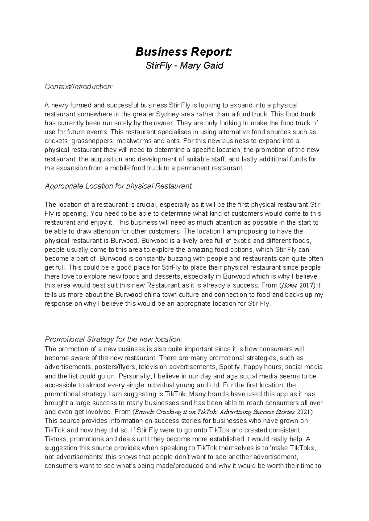 Business Report: Expansion Strategy for StirFly (BUS101) - Studocu