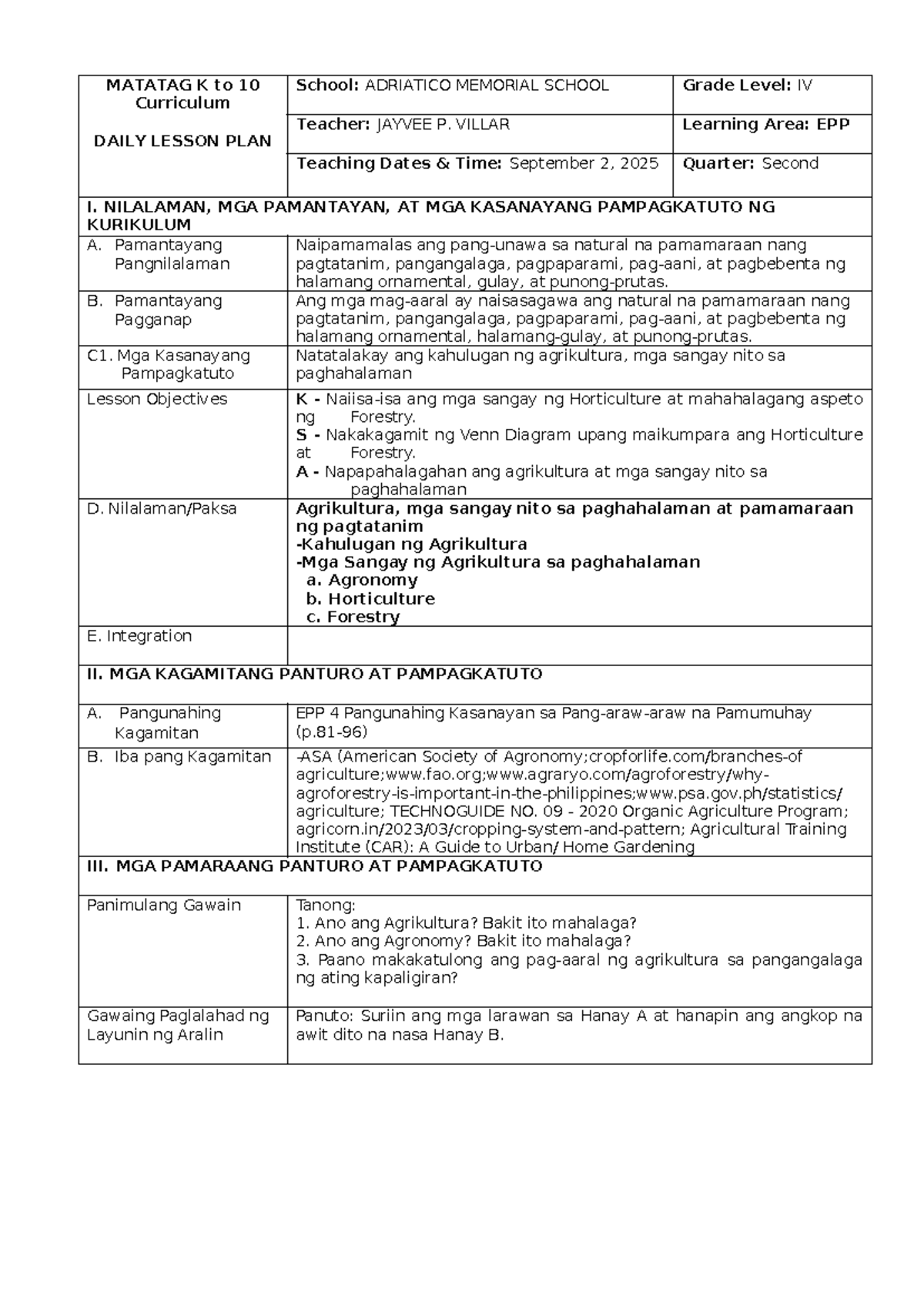 MATATAG K to 10 EPP IV DAILY LESSON PLAN - Week 1 Day 2 - Studocu