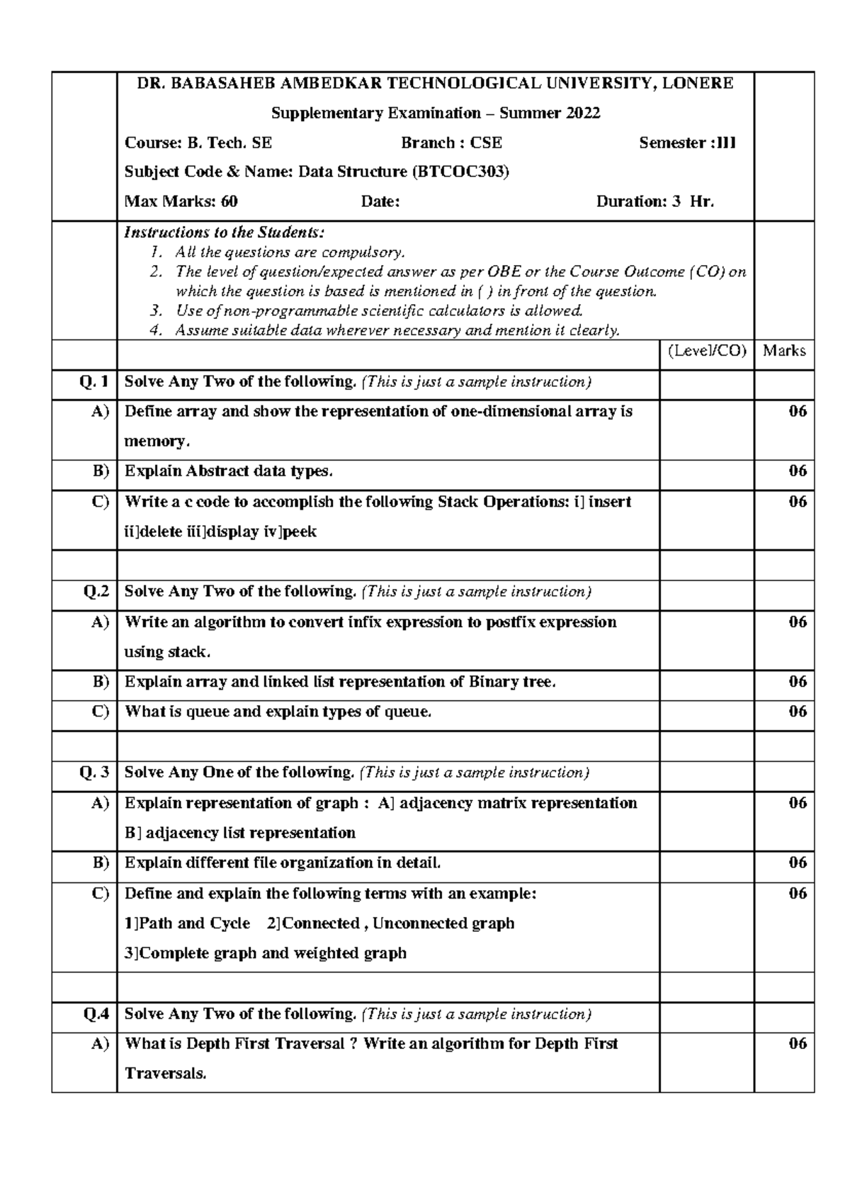 B. Tech. SE CSE - Data Structure (BTCOC303) Supplementary Exam QP Summer 2022 - Studocu