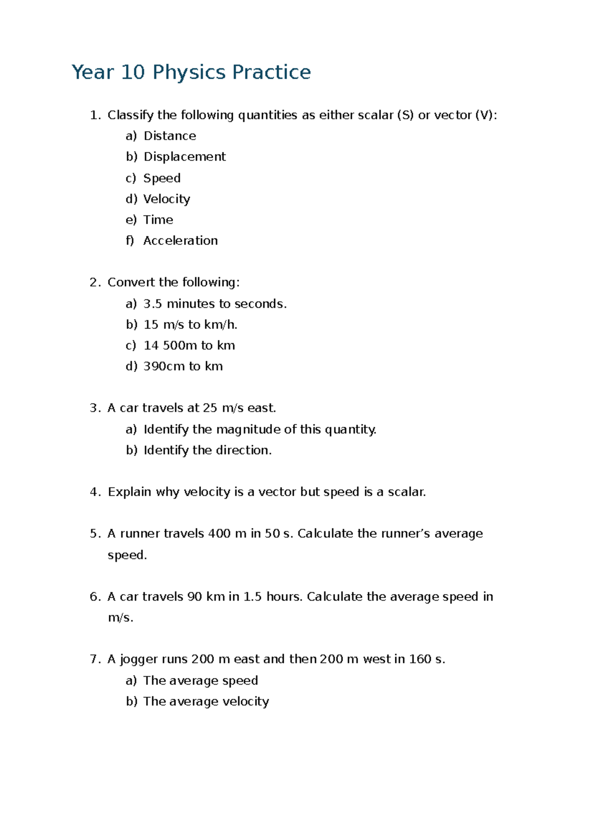 Year 10 Physics Practice: Scalars and Vectors Analysis - Studocu