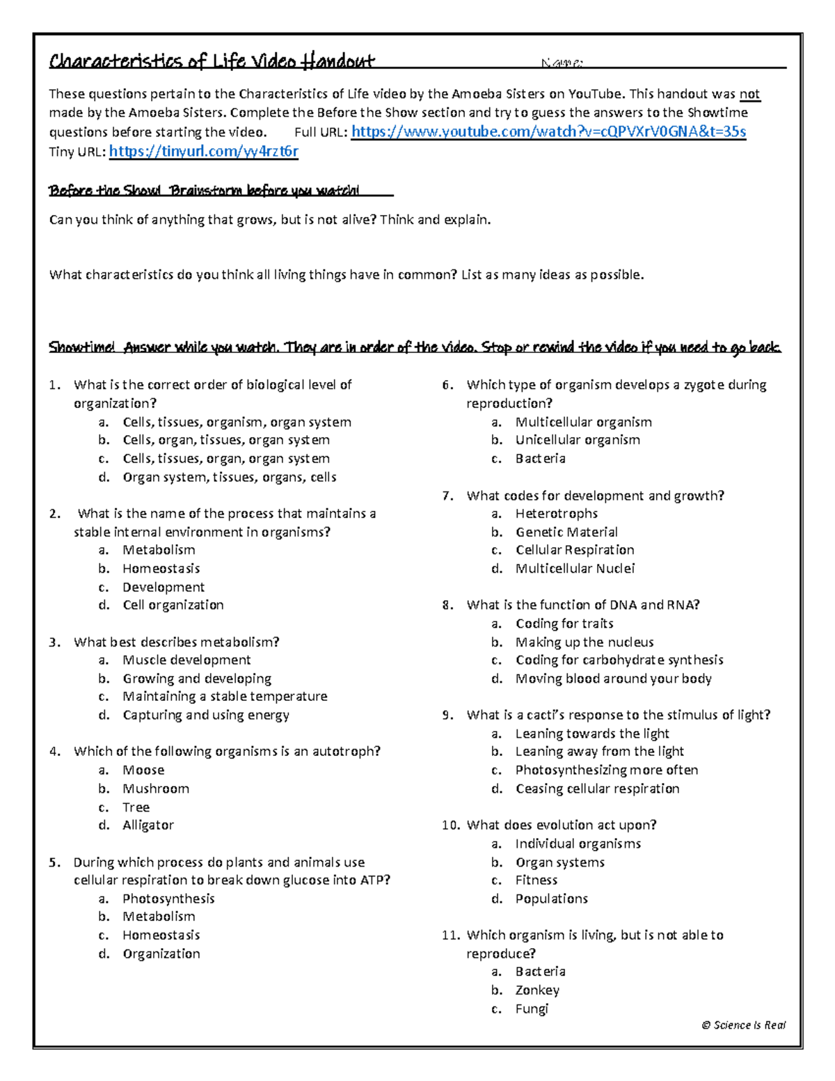 Characteristics of Life Video Handout AS 2023 Study Guide - Studocu