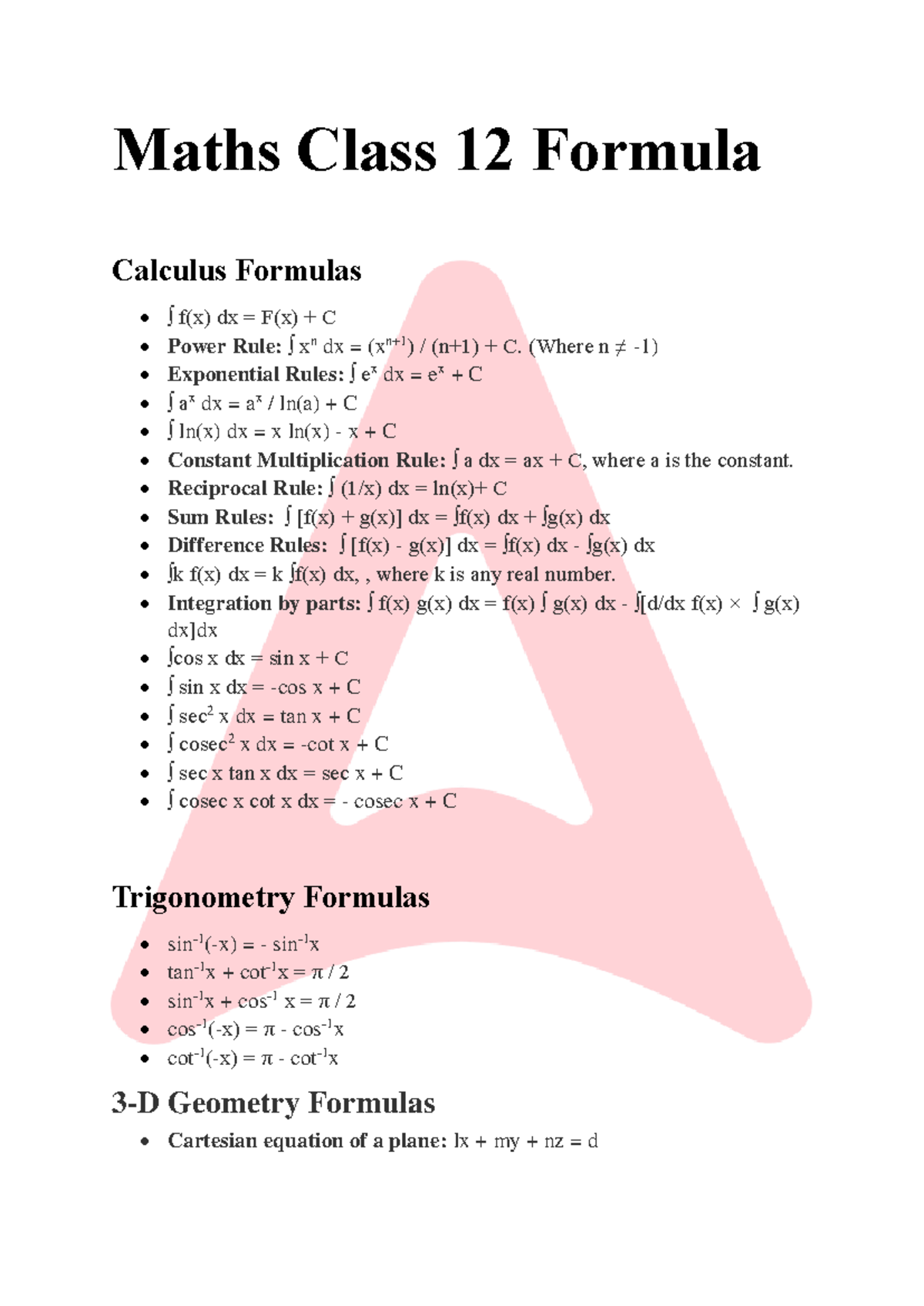Maths Class 12: Essential Calculus & Trig Formulas - Studocu