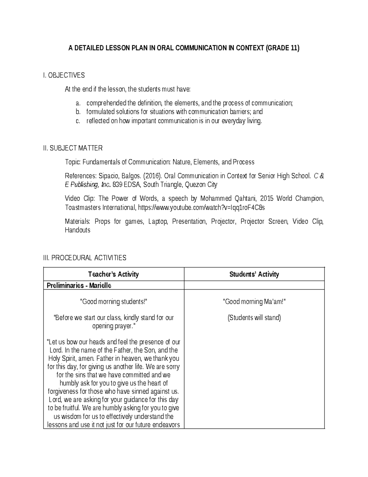 Grade 11 Oral Communication Lesson Plan: Day 1 Fundamentals - Studocu