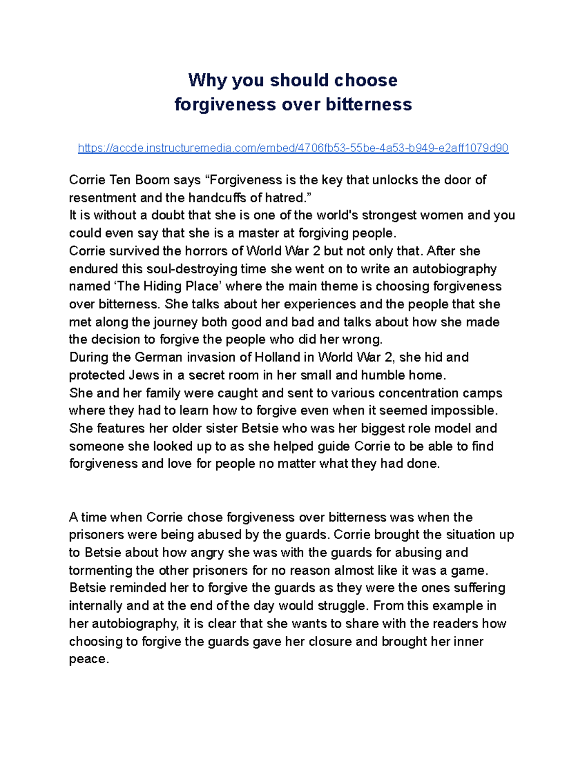 G9 - English - Speech: The Power of Forgiveness in Corrie Ten Boom's ...