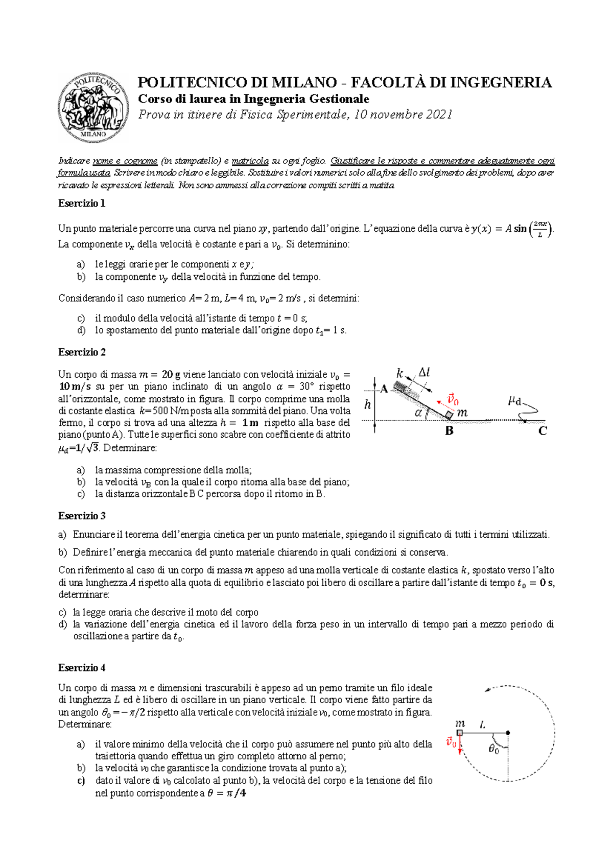 Prova in itinere di Fisica Sperimentale - ING GEST 2021 Soluzioni - Studocu