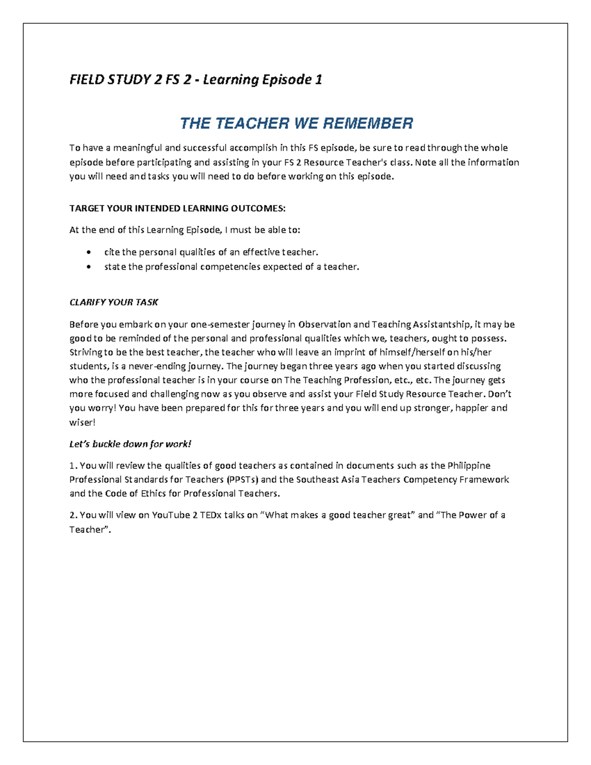 FS 2 Episode 1 - The Teacher We Remember - FIELD STUDY 2 FS 2 ...