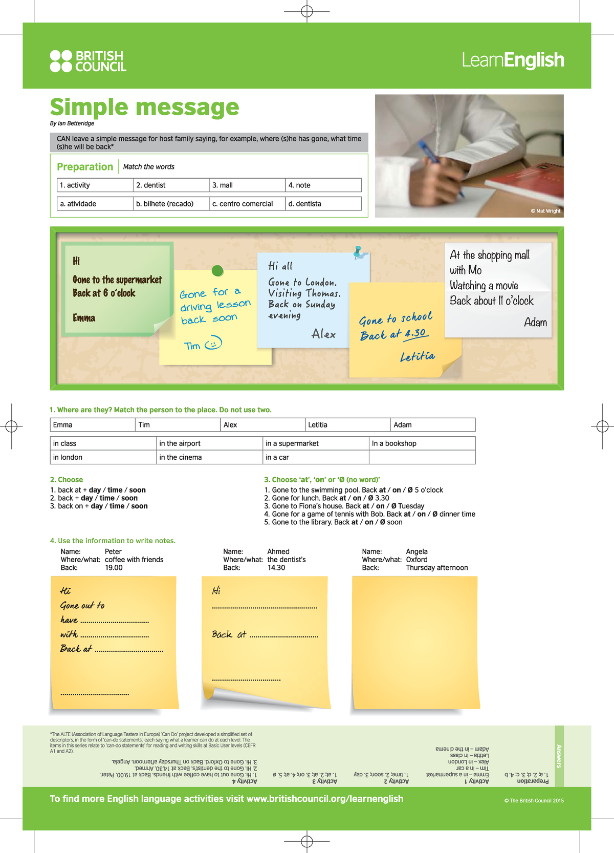 BRITISH COUNCIL A1 Writing: Simple Message Activity Guide - Studocu