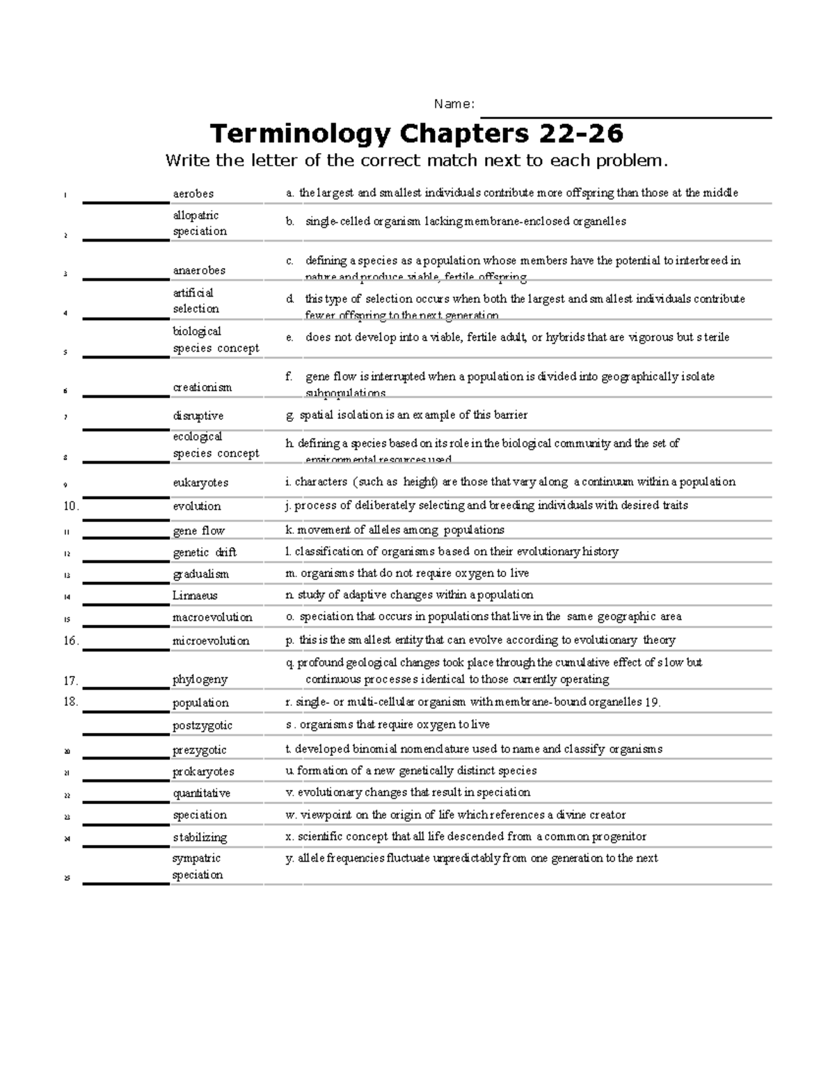 Terminology Chapters 22-26 - Name: Terminology Chapters 22- Write the ...