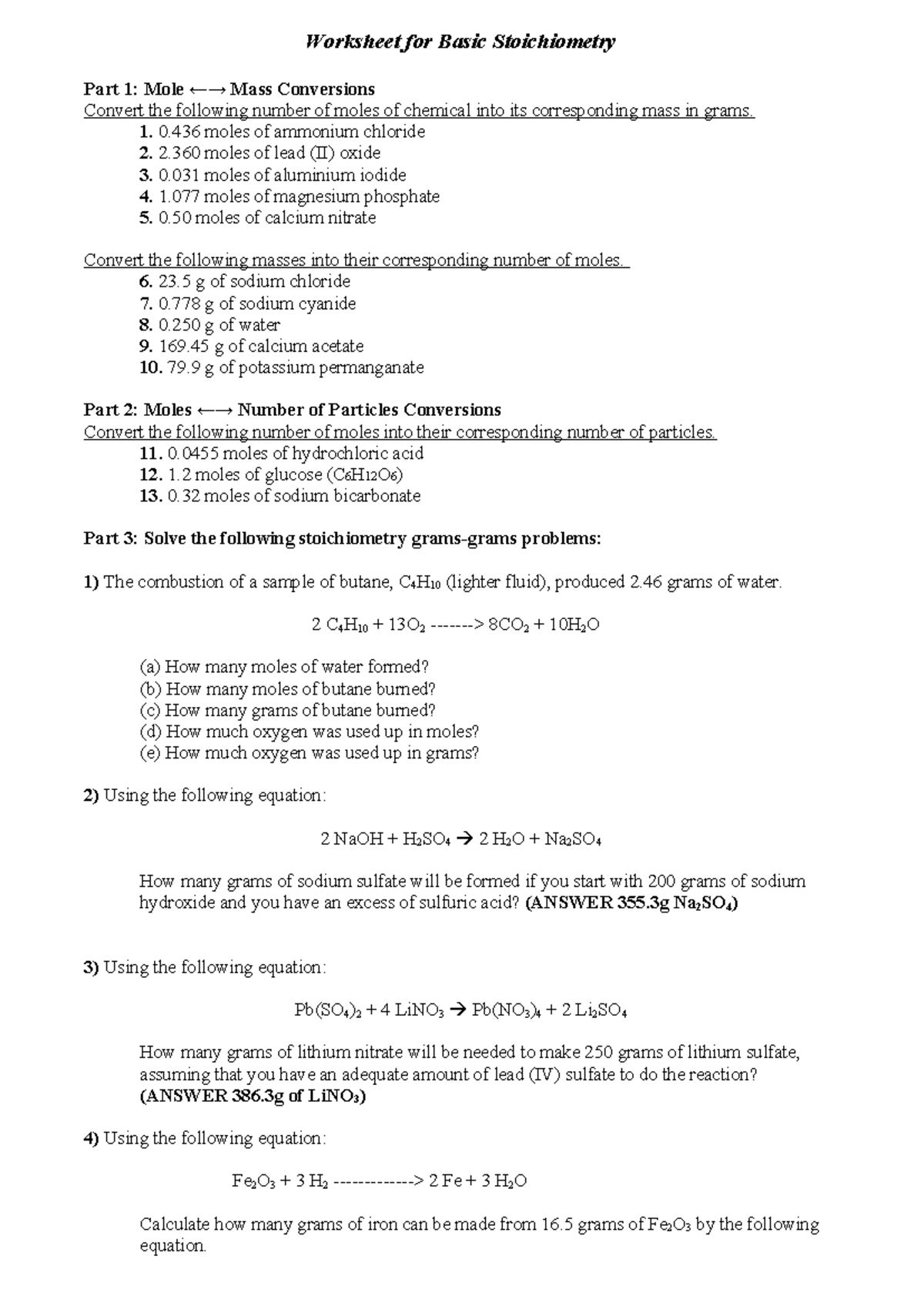 Stoichiometry Review Worksheet for Chemistry 101 - Studocu