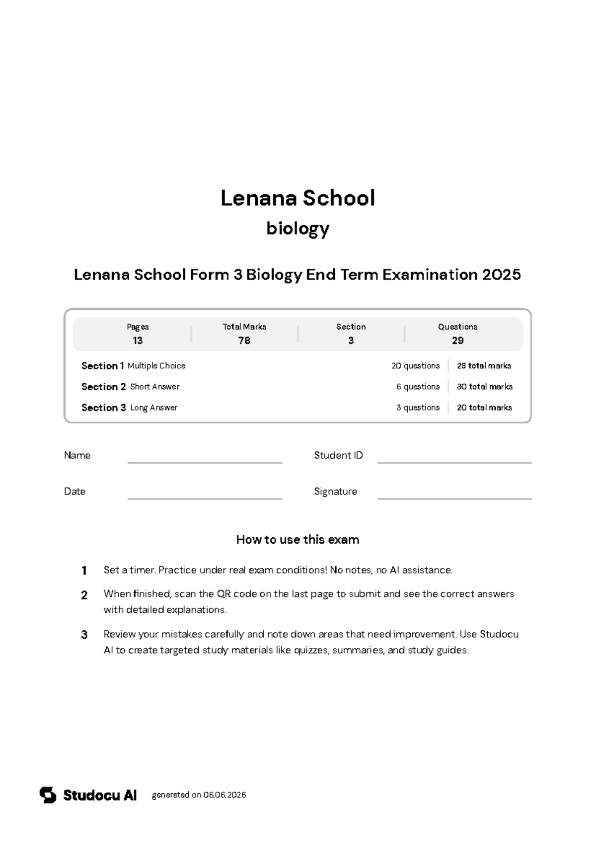 Lenana School Form 3 Biology End Term Exam 2025 - Studocu