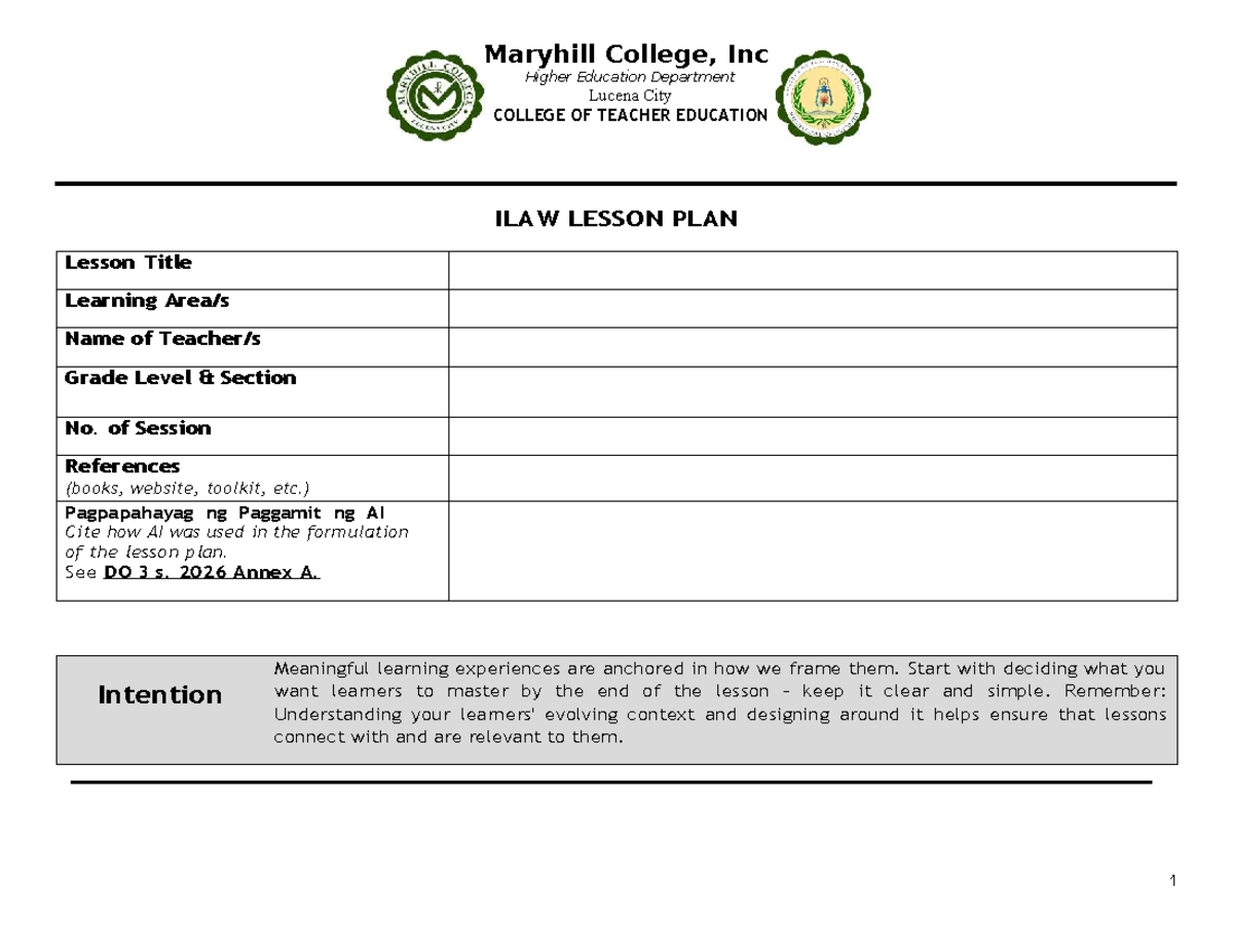 ILAW Lesson Plan Template for Meaningful Learning Experiences - Studocu