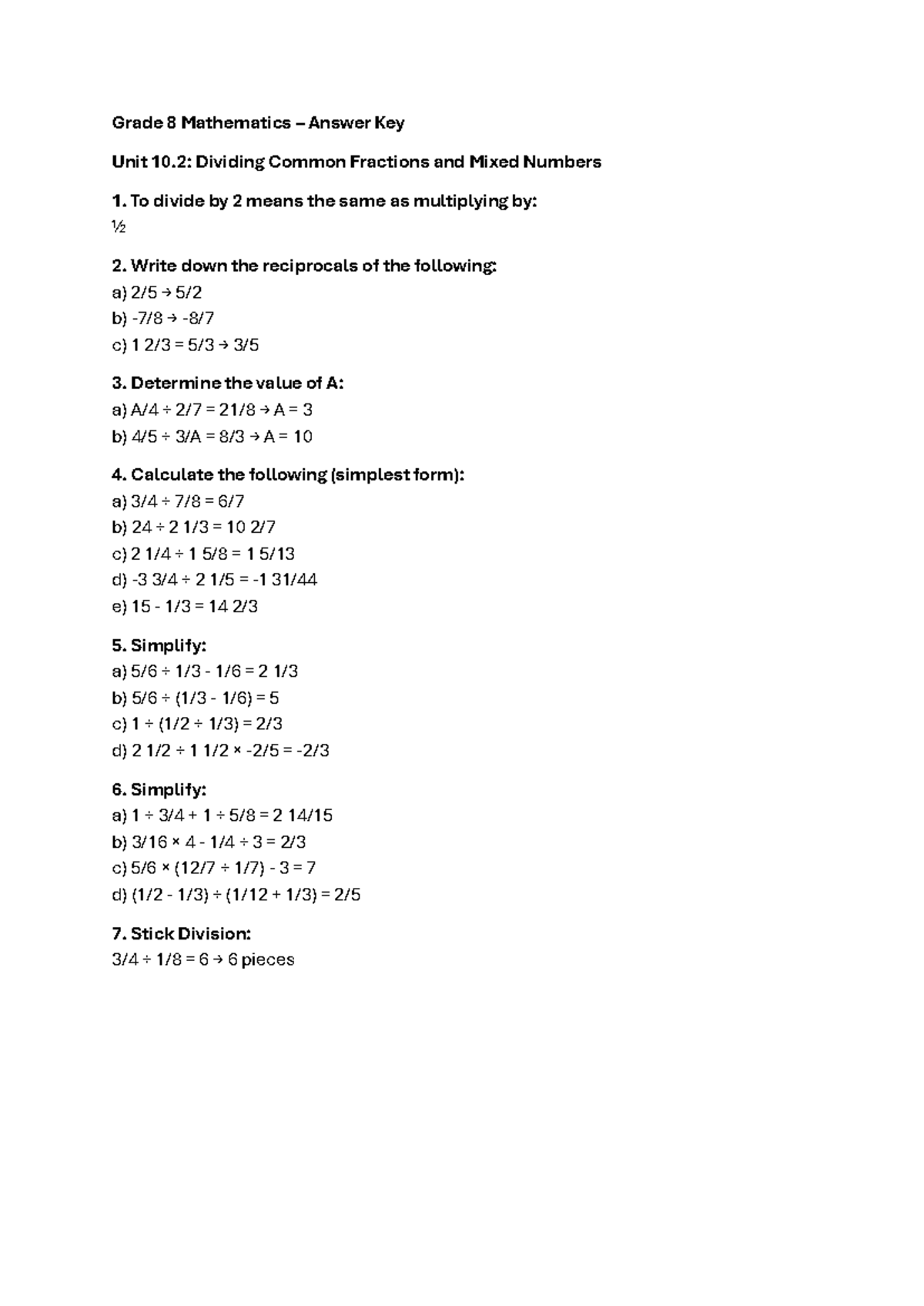 Dividing Common Fractions and Mixed Numbers Worksheet Memo - Grade 8 ...