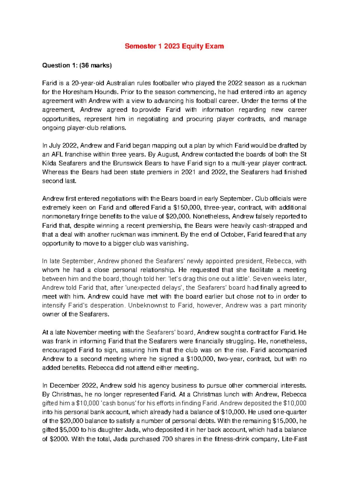 2023 S1 Equity Final Exam: Key Questions and Legal Analysis - Studocu