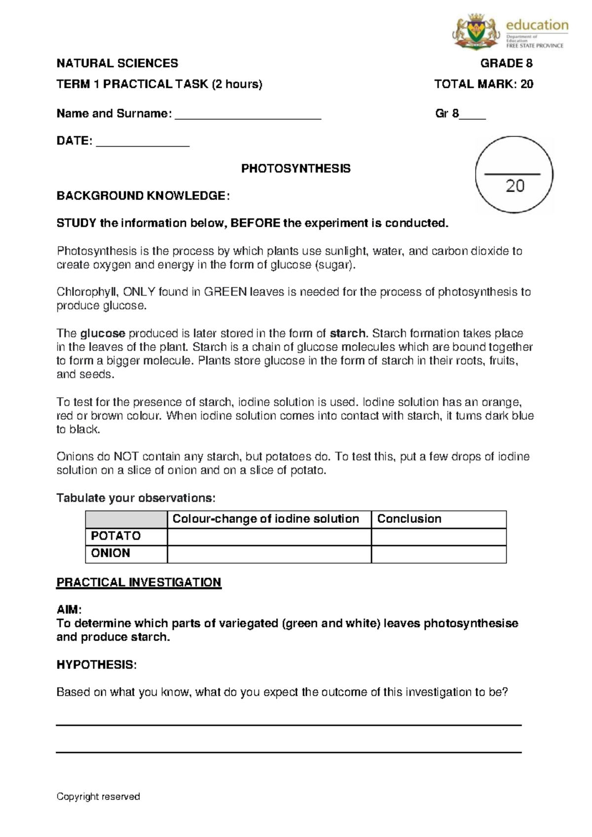 NATURAL SCIENCES GRADE 8 TERM 1 PHOTOSYNTHESIS PRACTICAL TASK - Studocu