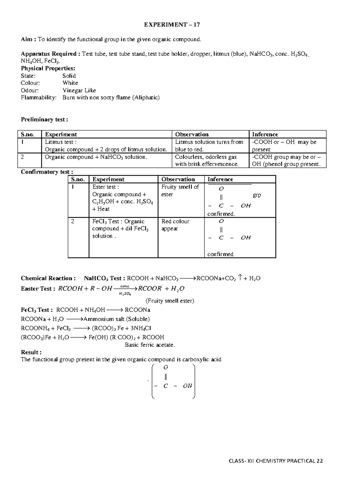 XIICHEMISTRY Organic Practical: Identifying Functional Groups in ...