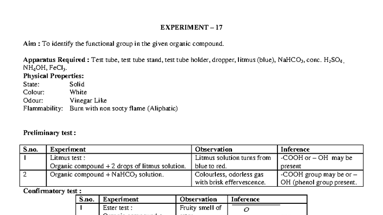 XIICHEMISTRY Organic Practical: Identifying Functional Groups in ...