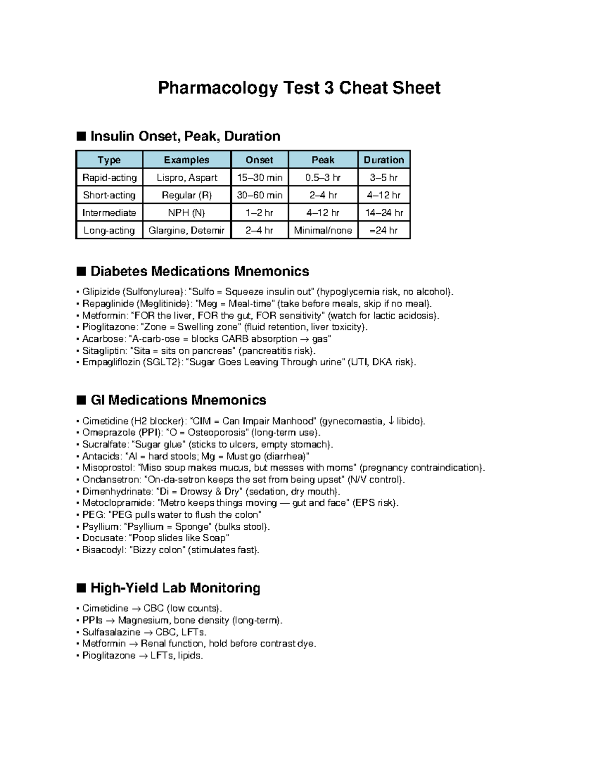 Pharm Test 3 Cheat Sheet: Insulin & Diabetes Meds Mnemonics - Studocu
