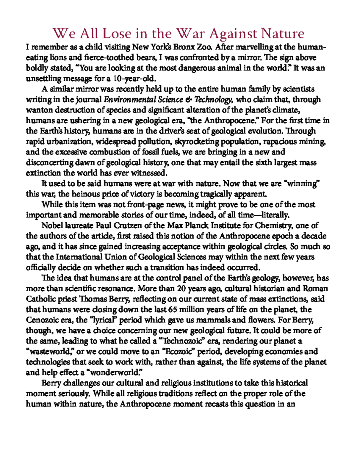 Anthropocene Epoch: Humanity's Impact on Nature and Future Choices ...