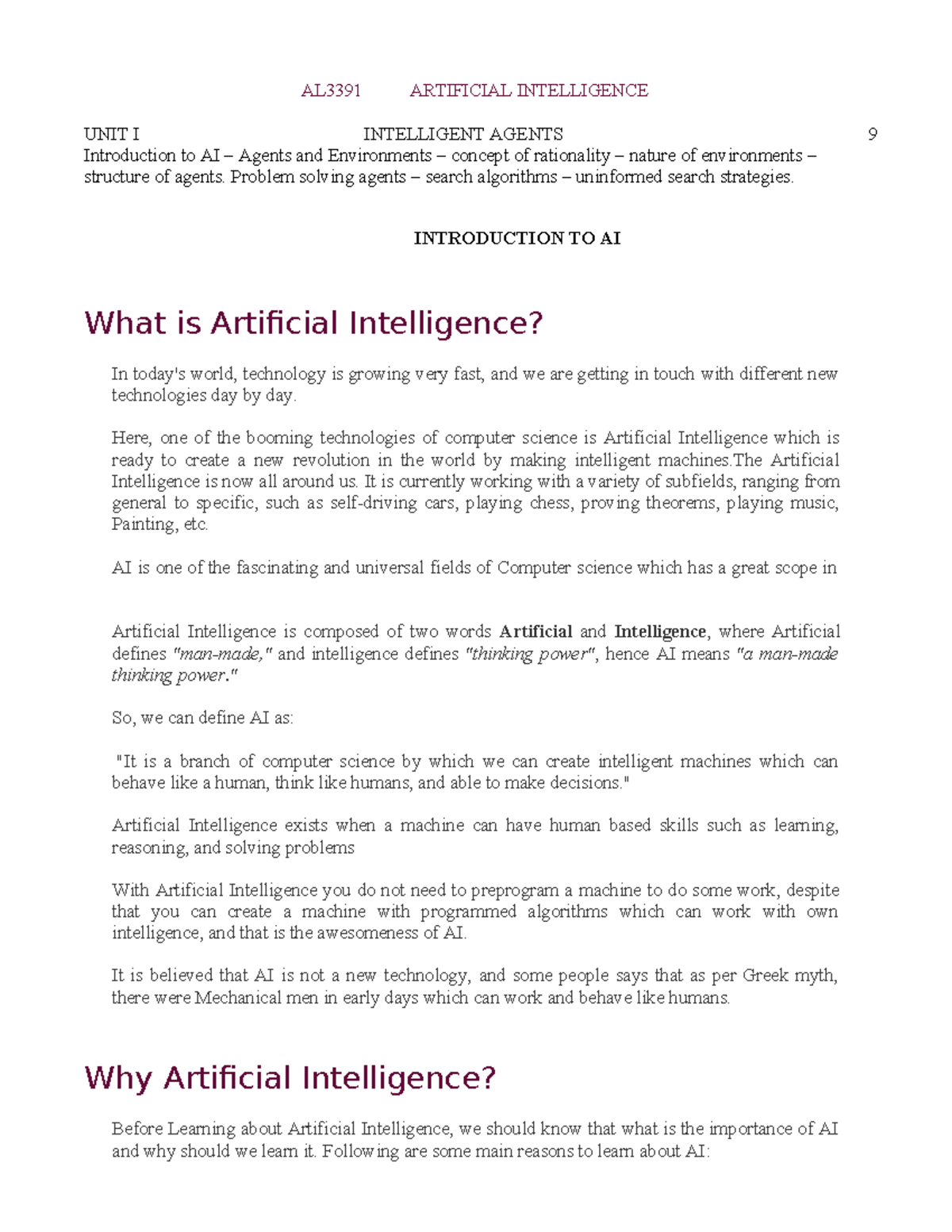 AL3391 Artificial Intelligence Unit I: Intelligent Agents Overview - Studocu