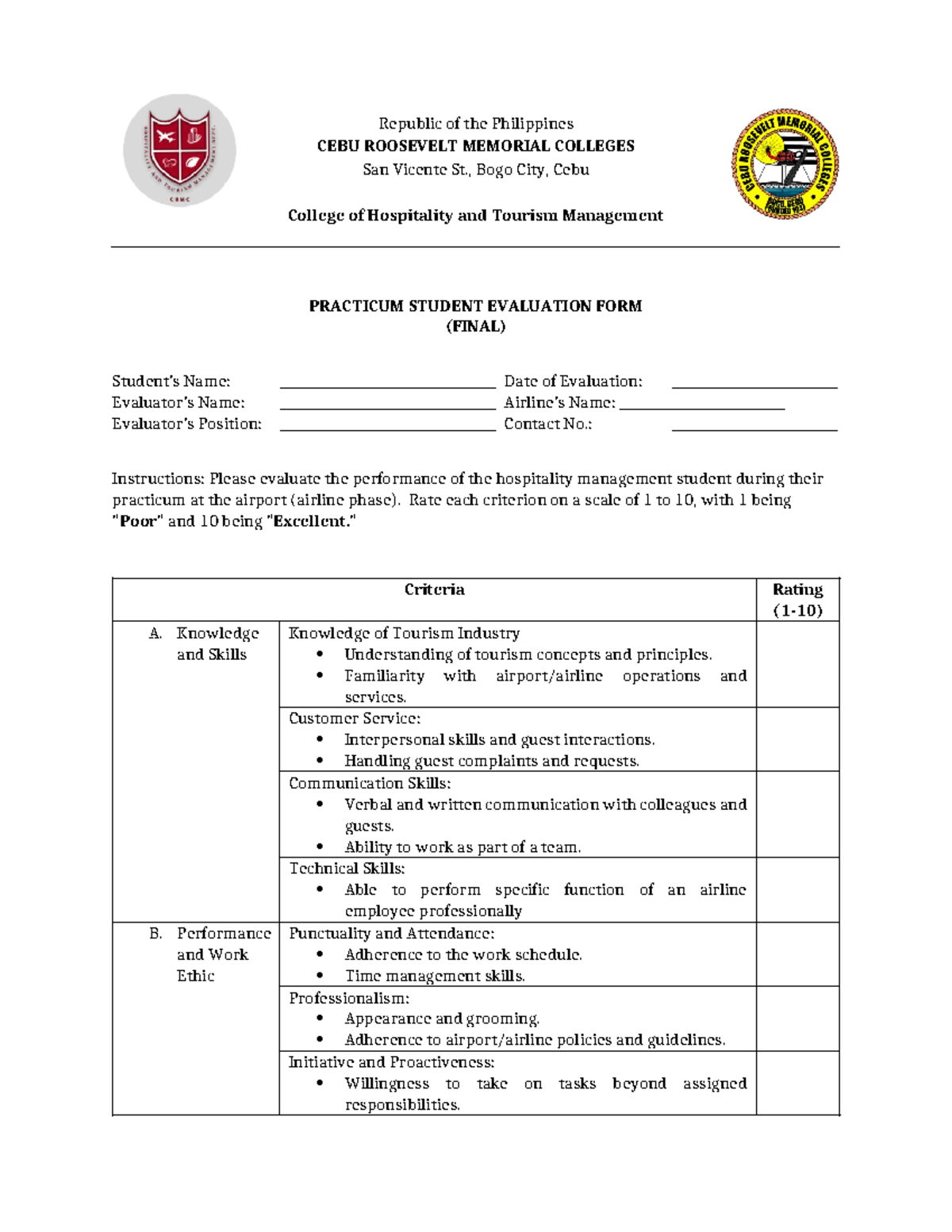 Practicum Student Evaluation Form for Hospitality Management (Final ...