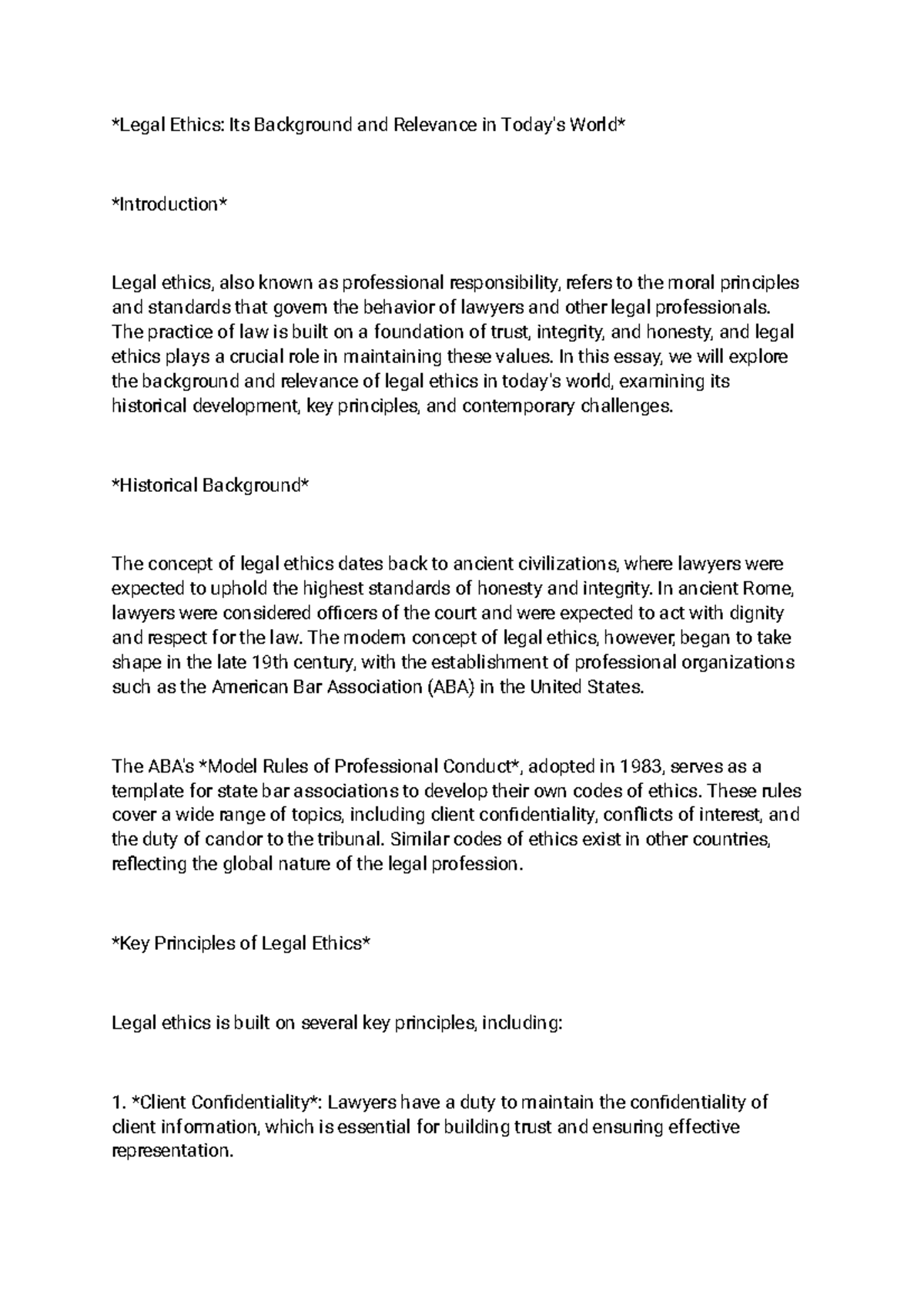 Legal Ethics: Background, Principles, and Contemporary Relevance - Studocu