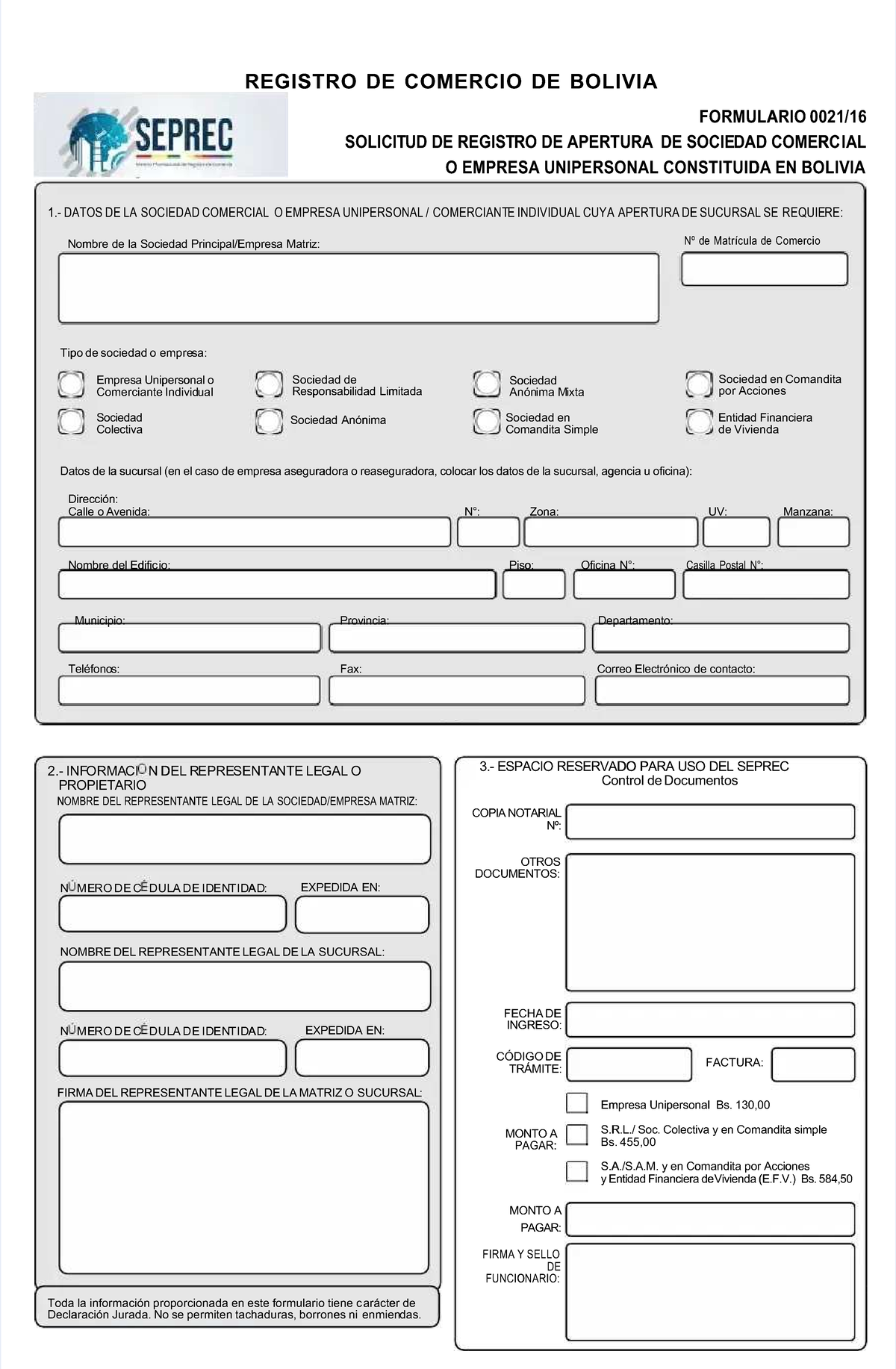 Formulario de Solicitud de Registro de Comercio en Bolivia - Form 0021 ...