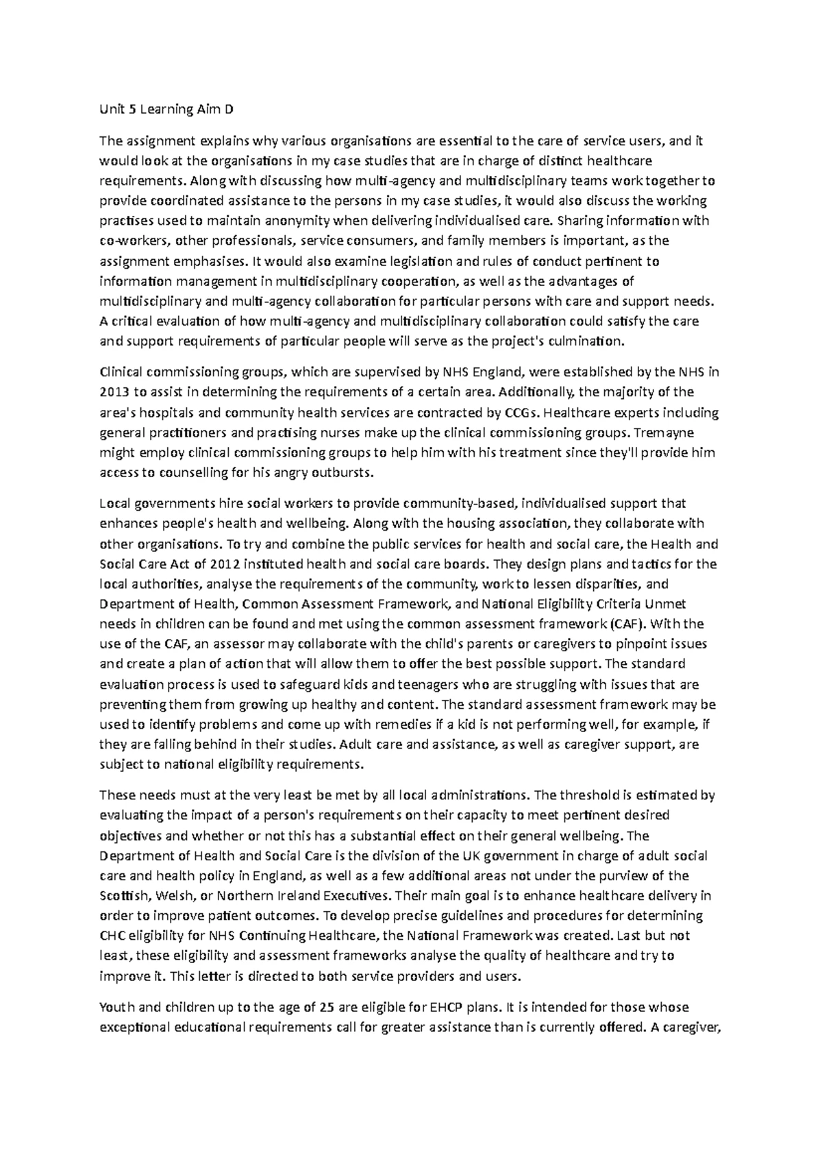 Unit 5 task 1 - Graded a distinction for task 1 unit 5 - Learning aim A ...