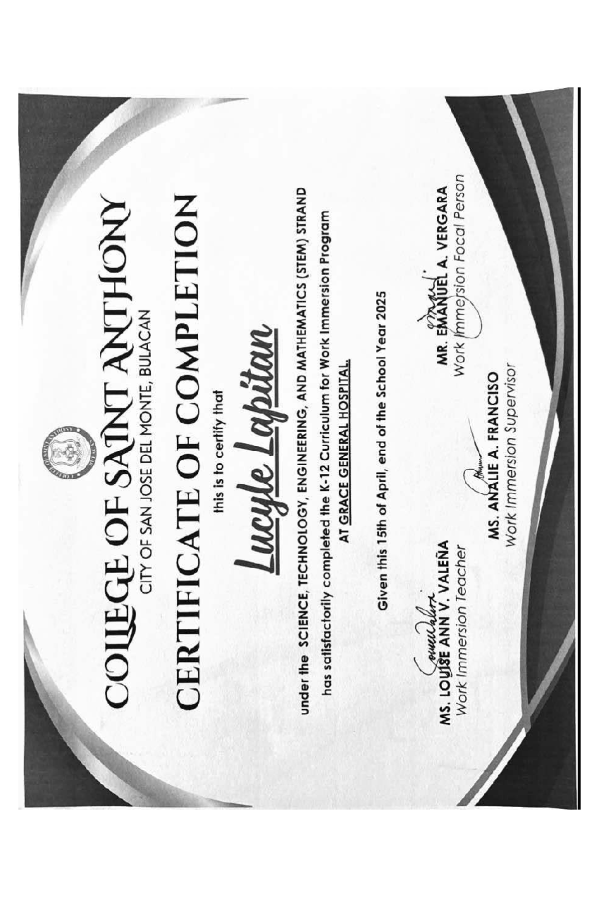 Certificate of Completion for Work Immersion Program - STEM Strand ...