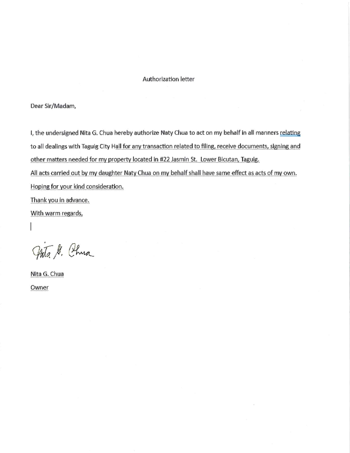 Authorization 3 - NONE - Authorization letter Dear I, the undersigned ...