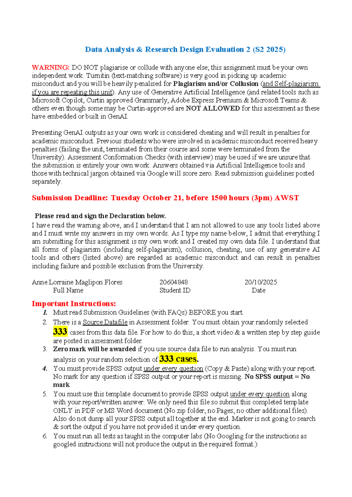Data Analysis & Research Design Evaluation 2 (S2 2025) Template - Studocu