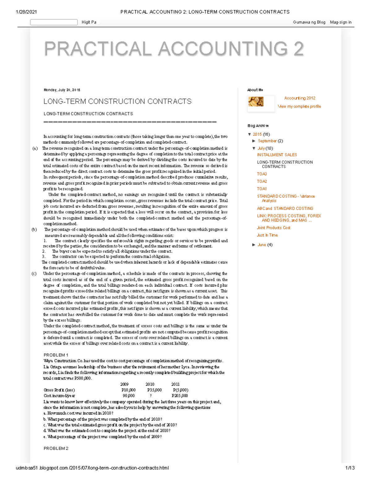 Practical Accounting 2 LONG-TERM Construction Contracts - PRACTICAL ACCOUNTING 2PRACTICAL ...