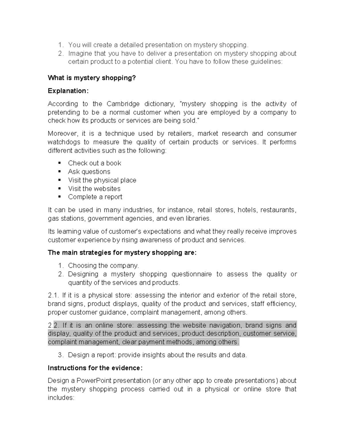 MYST 101: Mystery Shopping Presentation Guidelines and Strategies - Studocu