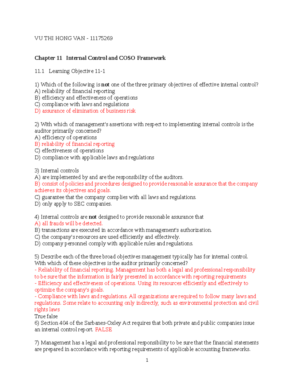 Chapter 11 Review Questions on Internal Control & COSO Framework - Studocu