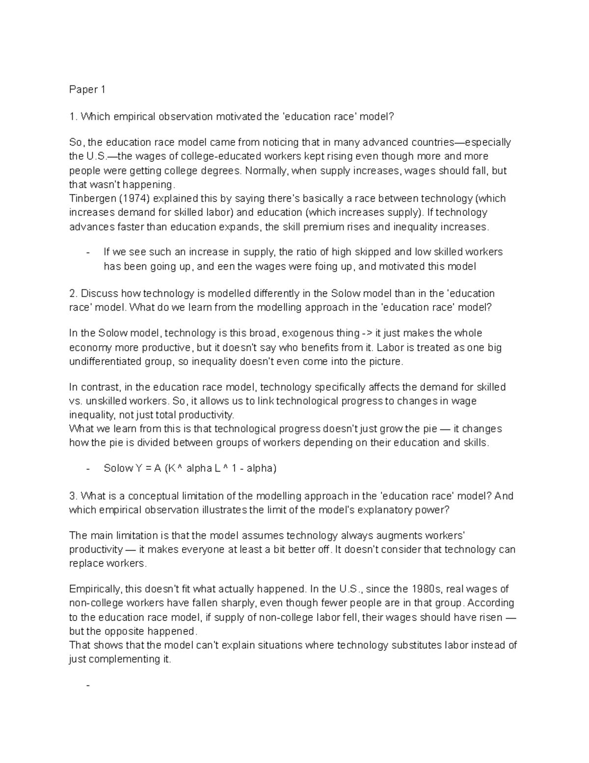 Debate Summary: Education Race Model vs. Solow Model Analysis - Studeersnel