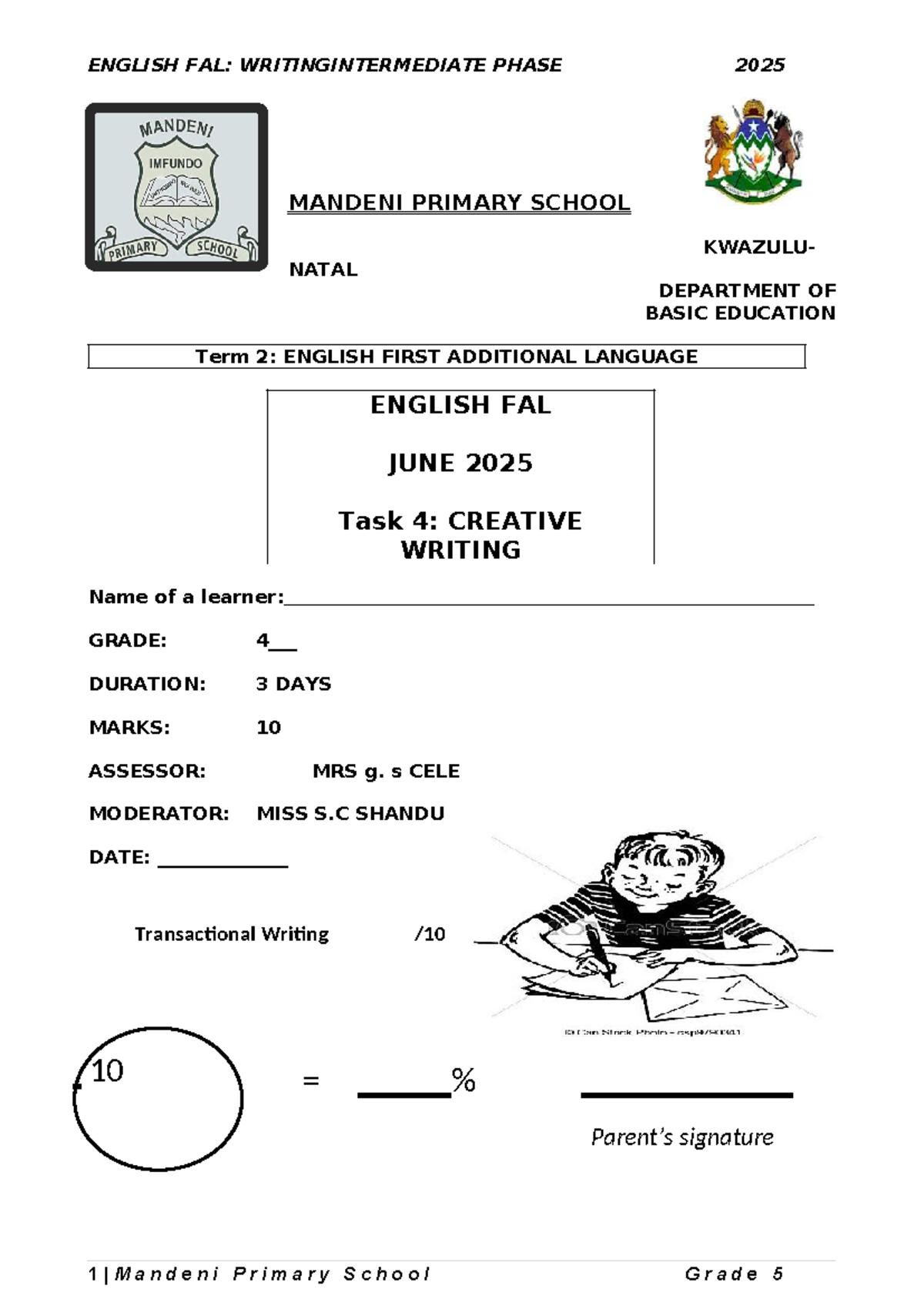 Grade 4 English FAL June 2025 Creative Writing Assessment - Studocu