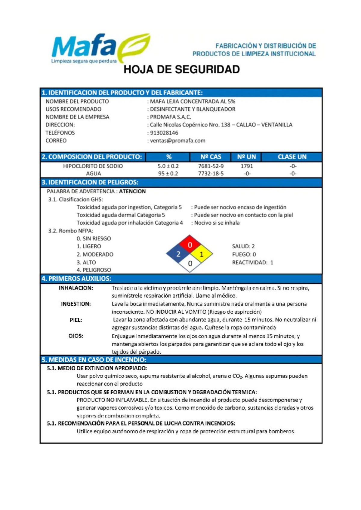 HOJA DE SEGURIDAD 13000055 - MAFA LEJIA CONCENTRADA - Studocu