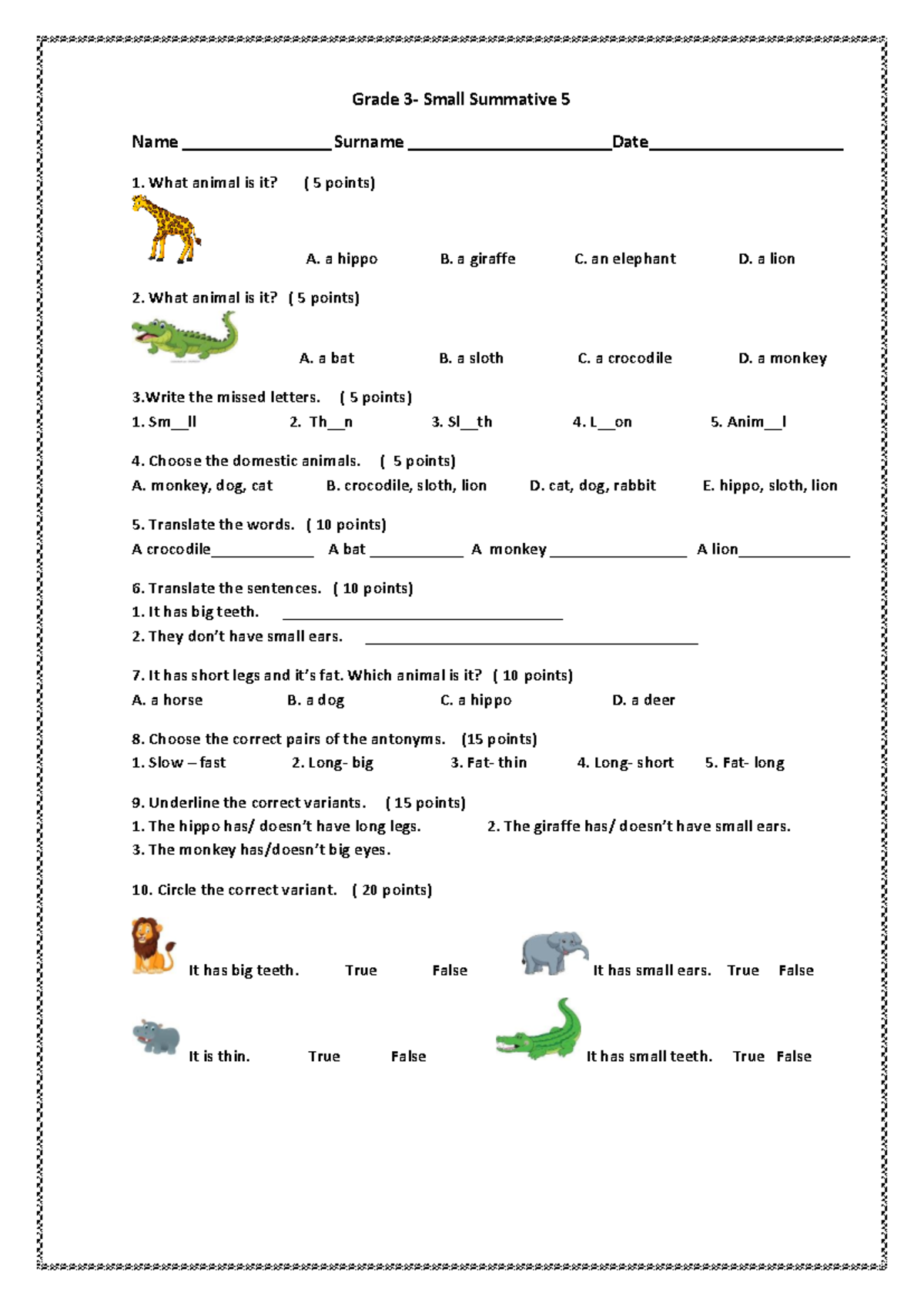 Grade 3 - Small Summative 5: Animal Identification & Vocabulary - Studocu