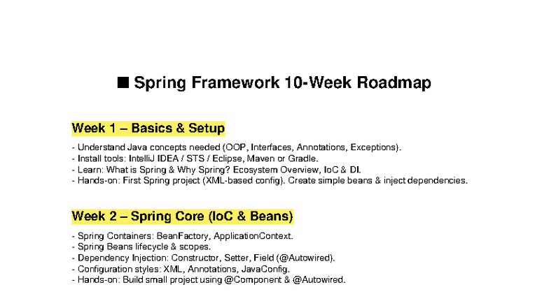 Spring Framework 10-Week Roadmap: From Basics to REST APIs - Studocu