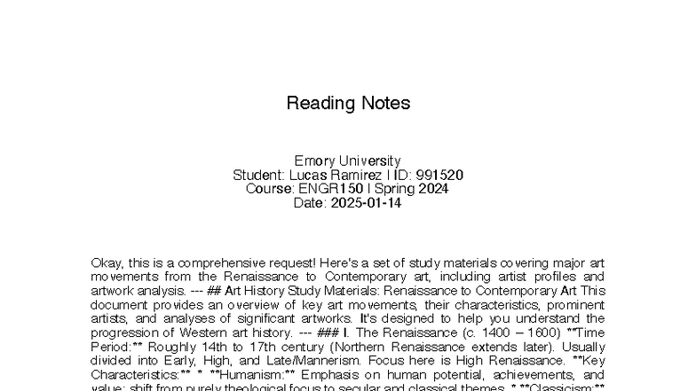 ENGR150 Spring 2024: Art History Study Notes from Renaissance to ...