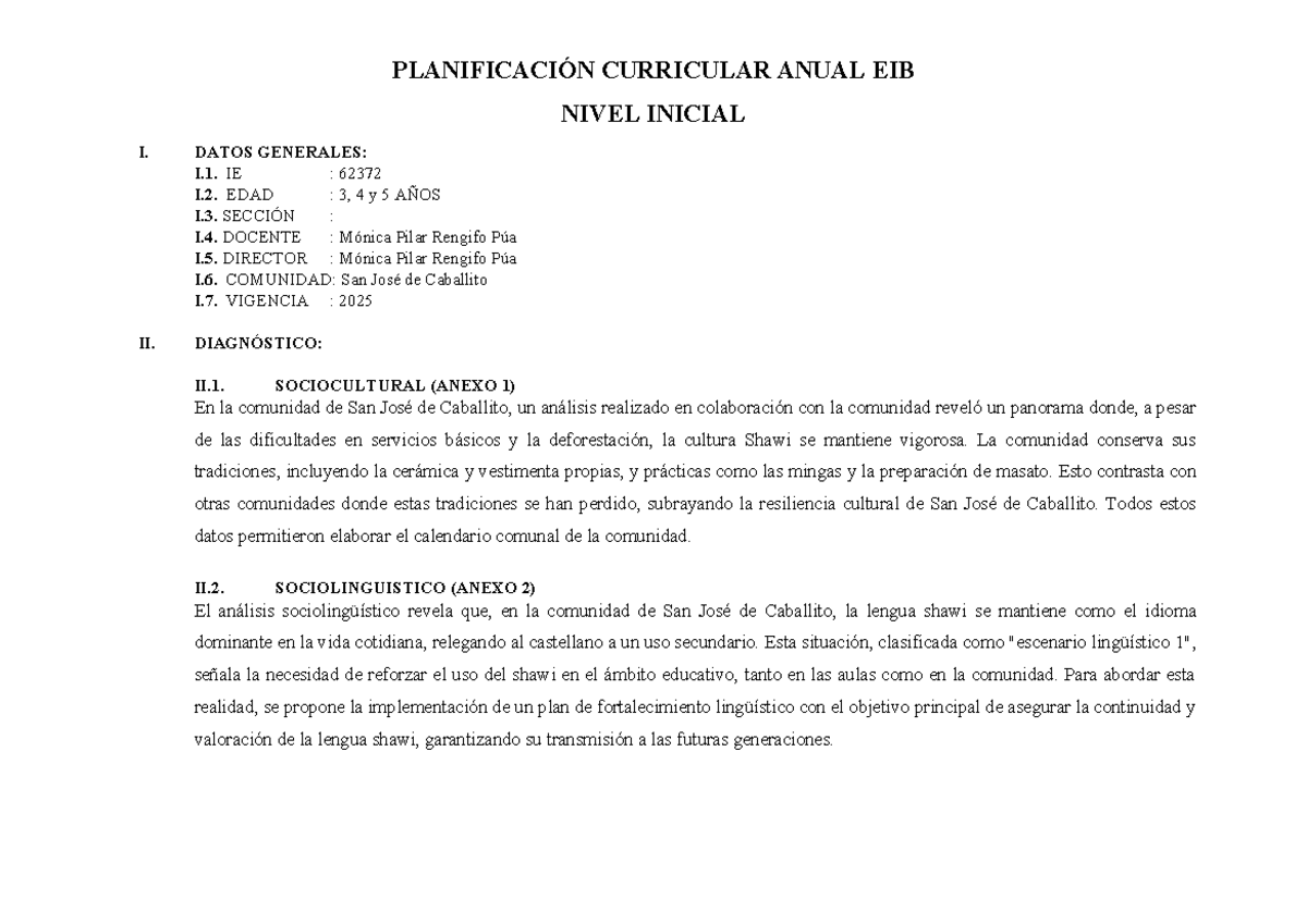 Planificación Anual Inicial EIB 2025 Sjcaballito - PLANIFICACIÓN CURRICULAR ANUAL EIB NIVEL ...
