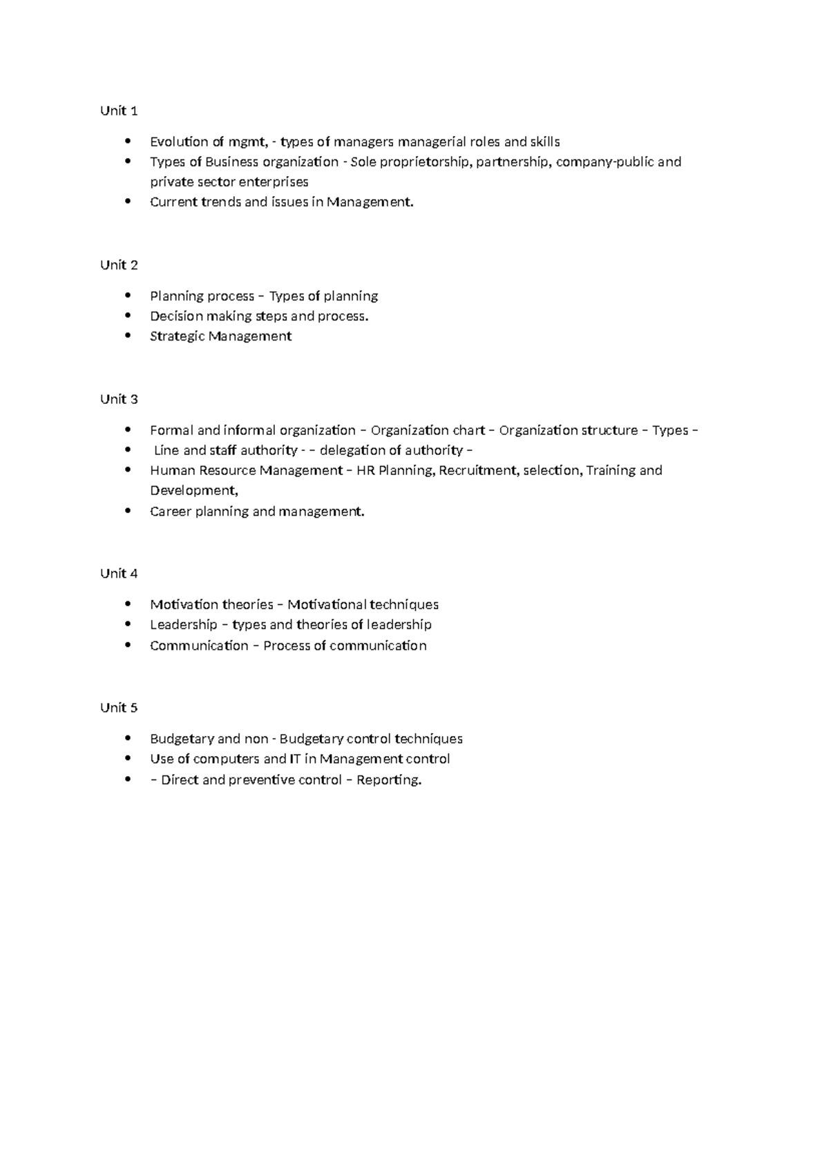 important all 5 units pom - Unit 1 Evolution of mgmt, - types of ...