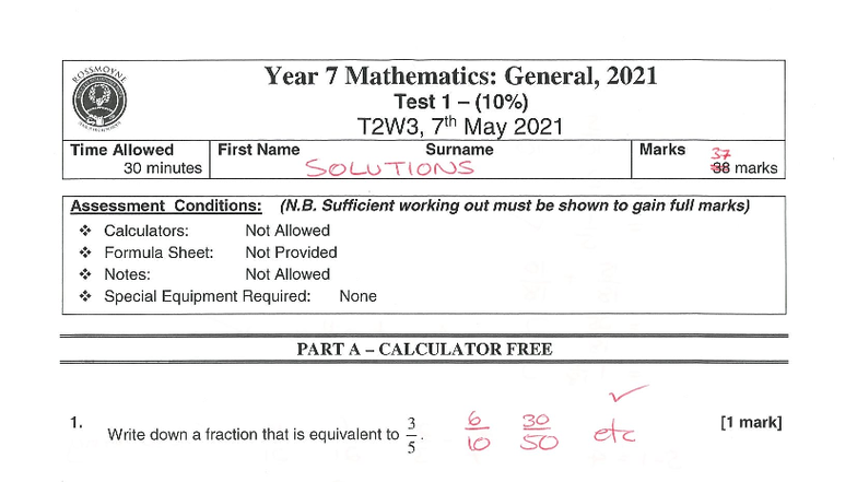 2021 7MA Test 2 (MG) - Rossmoyne Year 7 Math Solutions - Studocu