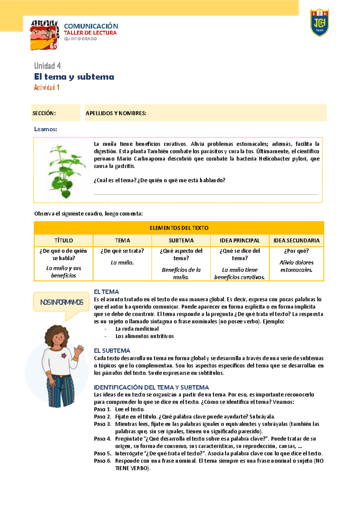 COMUNICACIÓN TALLER DE LECTURA QUINTO GRADO - Unidad 4: Tema y Subtema ...