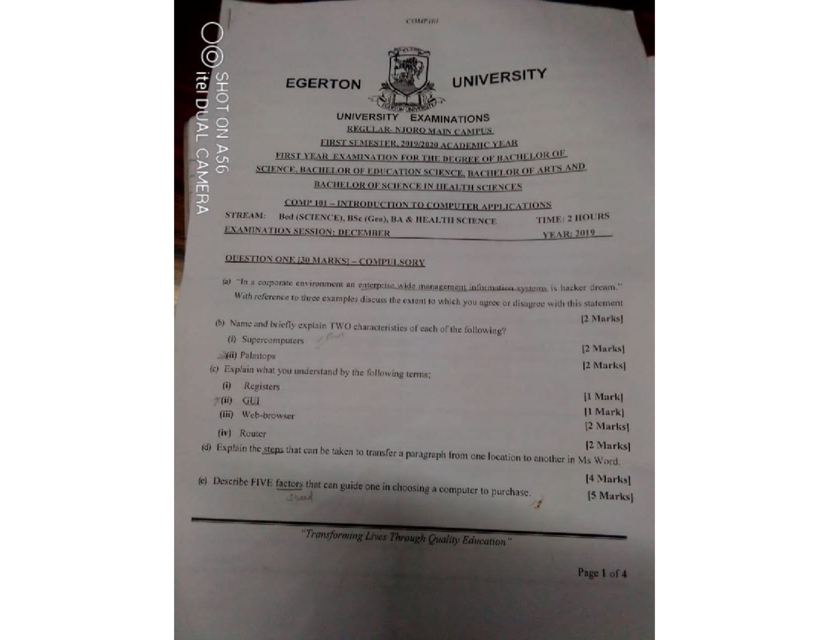 Comp 101 past papers - questions - Introduction to computer - Studocu