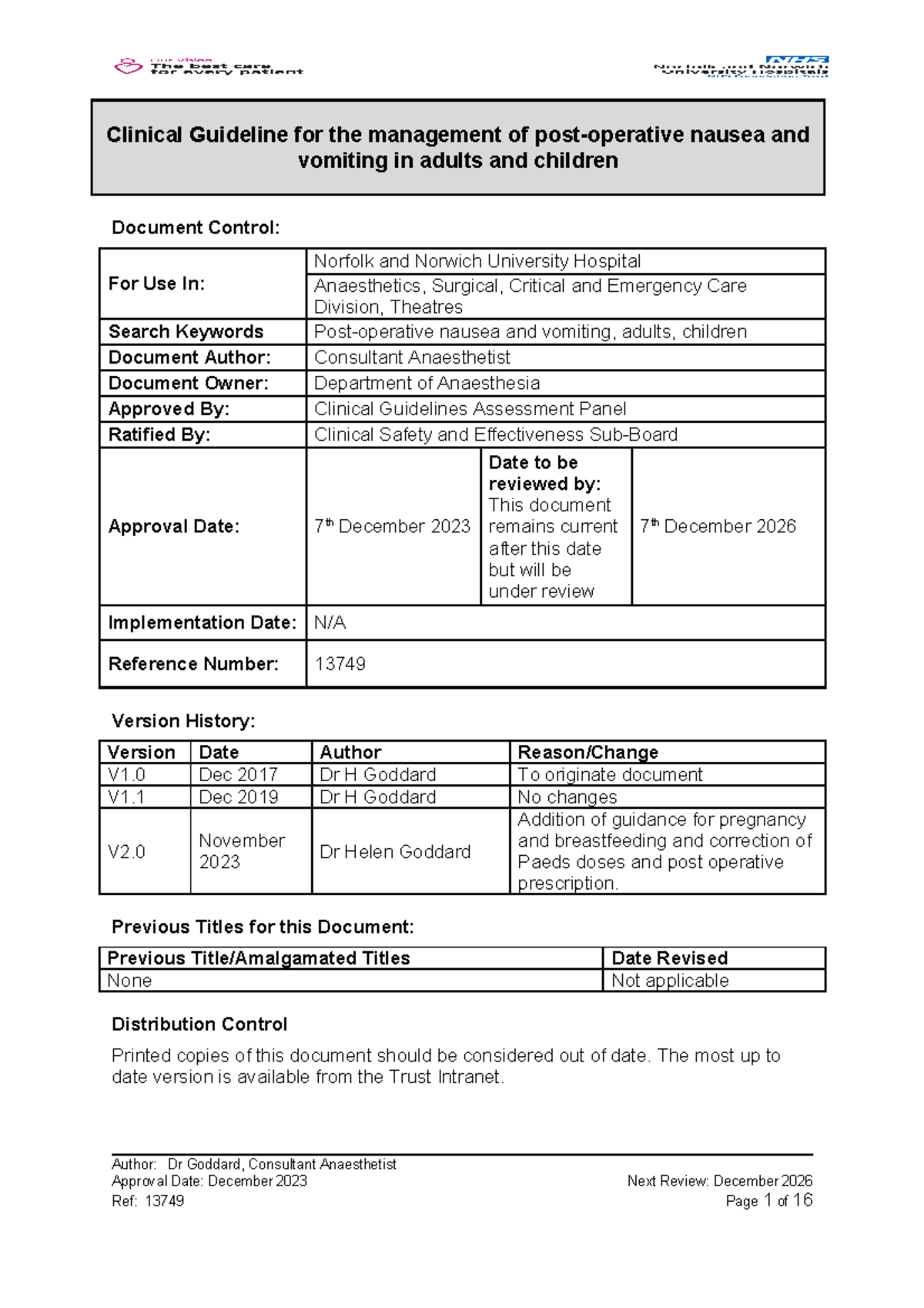 Clinical Guideline for Management of PONV in Adults & Children (Ref: 13749) - Studocu